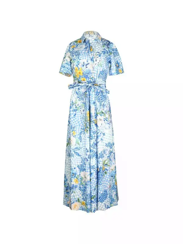 MARY KATRANTZOU Floral-print Gingham Maxi Dress - Blue