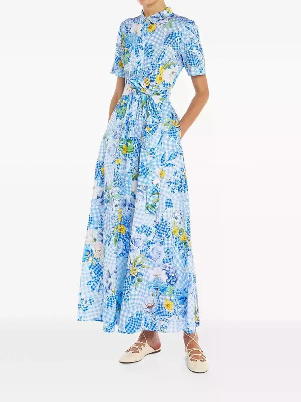MARY KATRANTZOU Floral-print Gingham Maxi Dress - Blue