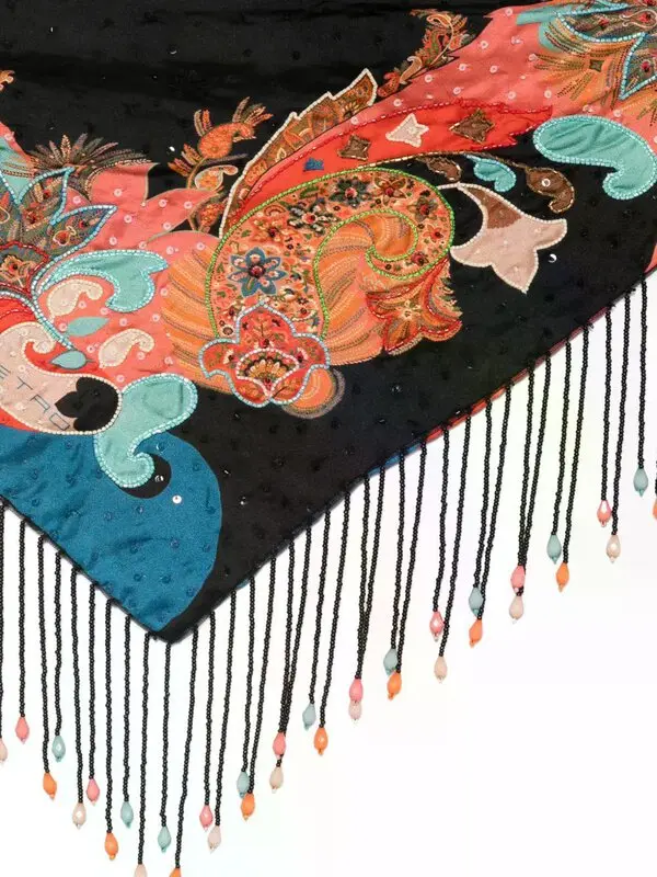 Etro Silk Scarf With Placed Print And Bead-adorned Fringing - Black