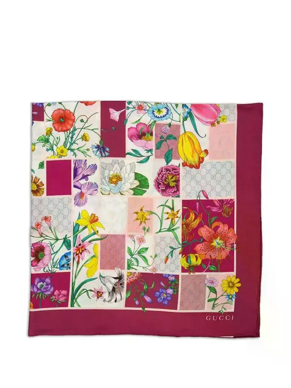 Gucci Floral-print Block-design Scarf - Pink