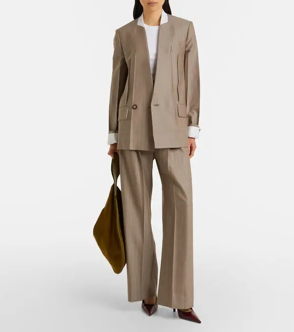 Victoria Beckham Herringbone Virgin Wool Pleated Trousers