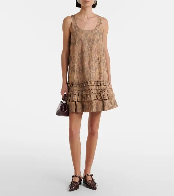GANNI Ruffled Printed Cotton Minidress - Brown