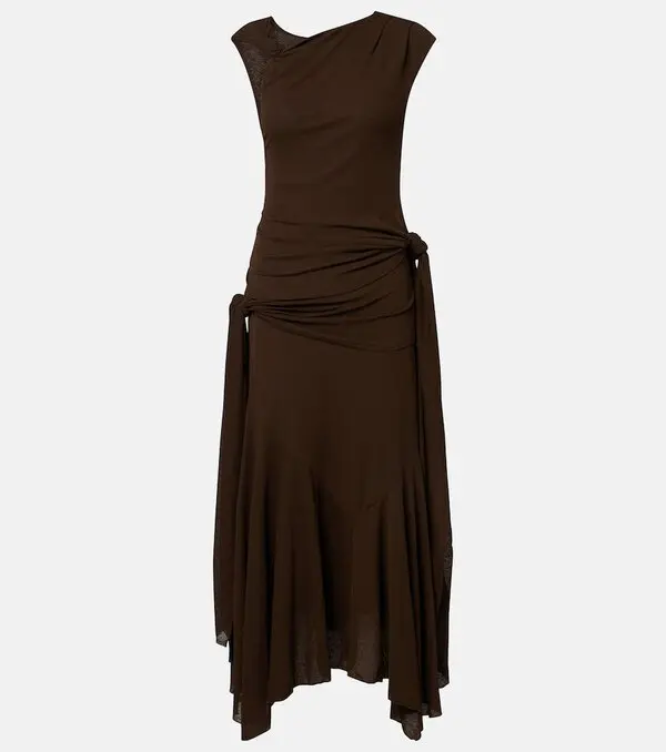 GANNI Asymmetric Draped Mesh Midi Dress - Brown