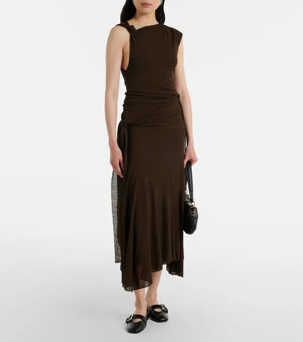 GANNI Asymmetric Draped Mesh Midi Dress - Brown