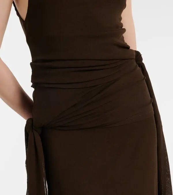 GANNI Asymmetric Draped Mesh Midi Dress - Brown