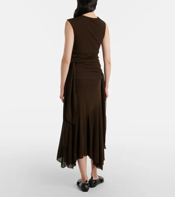 GANNI Asymmetric Draped Mesh Midi Dress - Brown