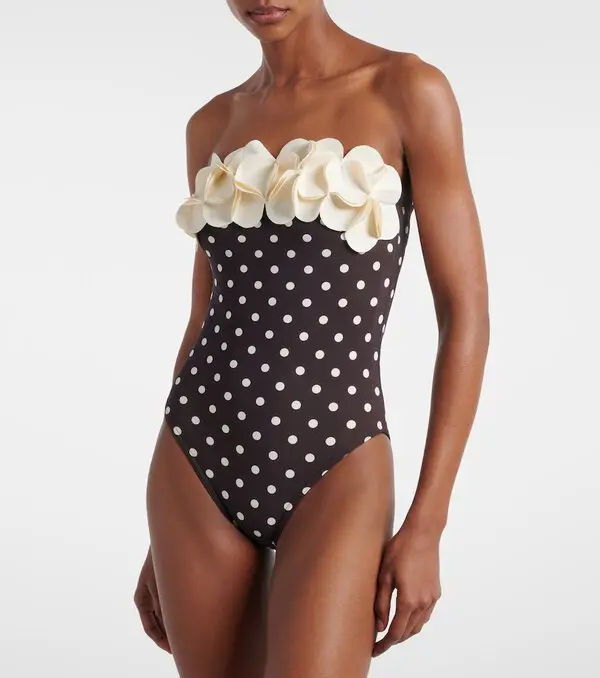 KARLA COLLETTO Floral Appliqué Polka-dot Bandeau One-piece Swimsuit - Brown