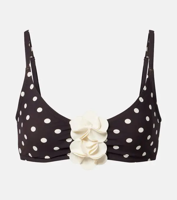 KARLA COLLETTO Floral-appliqué Polka-dot Bikini Top - Brown