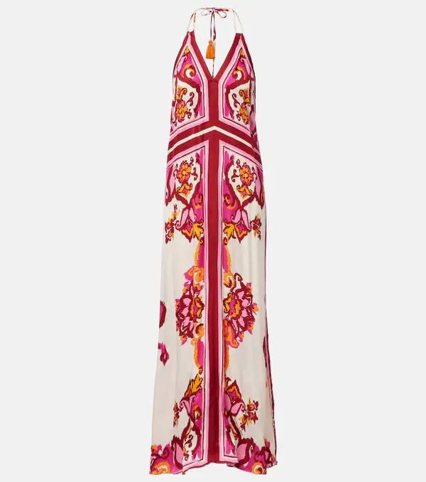 Poupette St Barth Mary Printed Halterneck Satin Maxi Dress - Pink