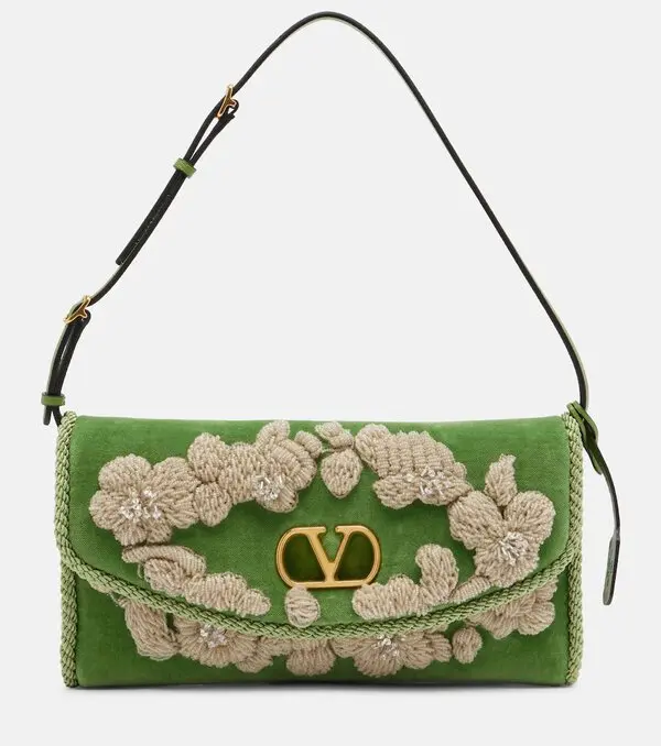 Valentino Garavani Devain Embellished Velvet Shoulder Bag - Green