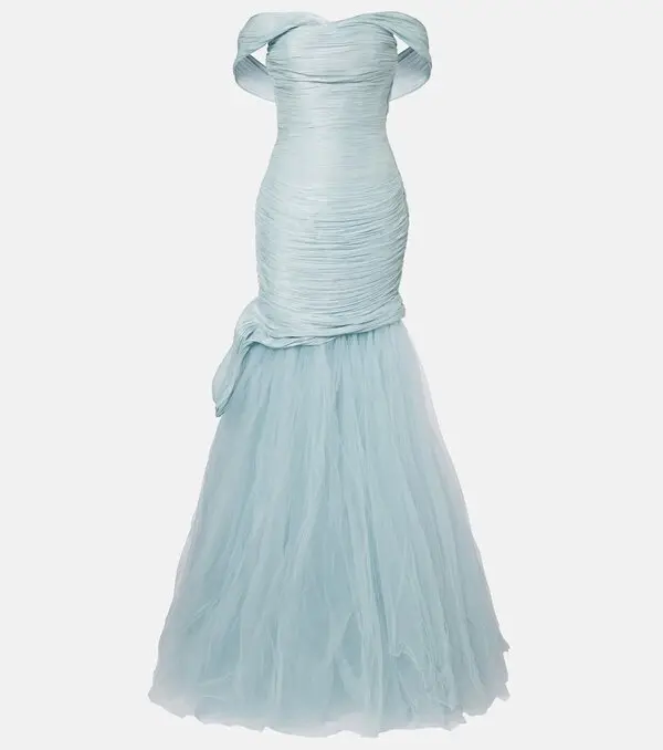 MARMAR HALIM Pleated Off-shoulder Bustier Gown - Blue