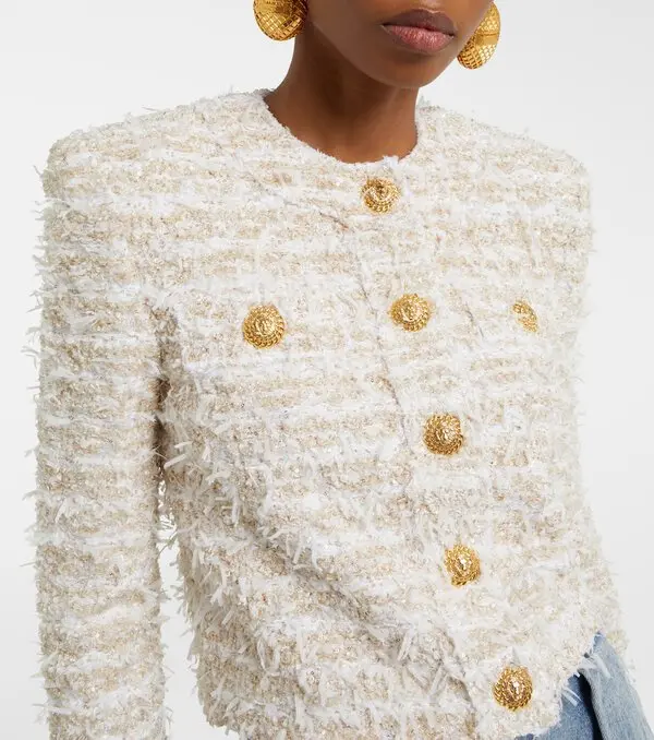 Balmain Cropped Tweed Jacket With Shoulder Pads - White