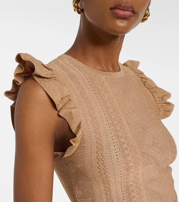 Zimmermann Aster Ruffled Pointelle Lamé Top