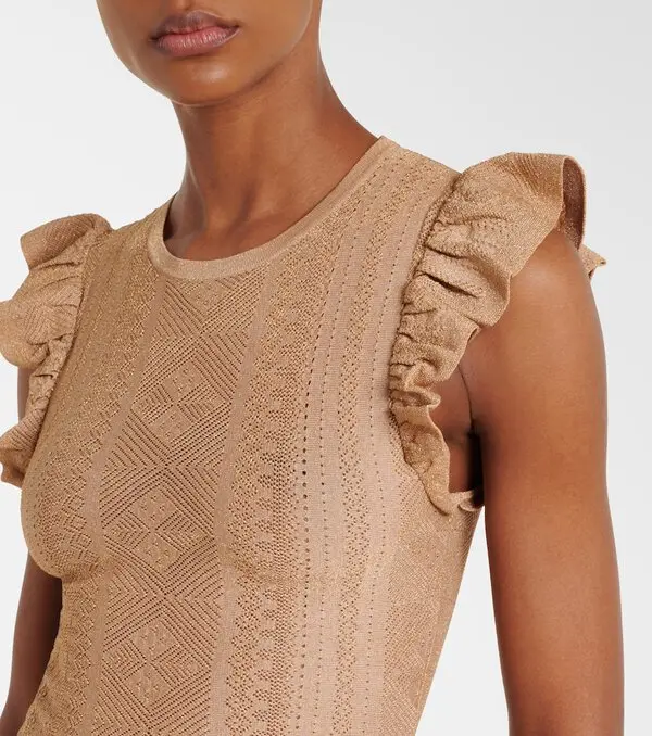 Zimmermann Aster Ruffled Pointelle Lamé Top