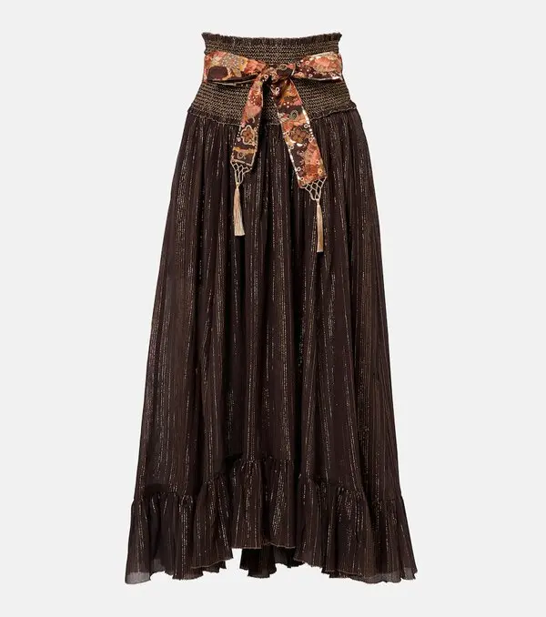 Zimmermann Aster Shirred Cotton And Silk Lamé Midi Skirt - Brown
