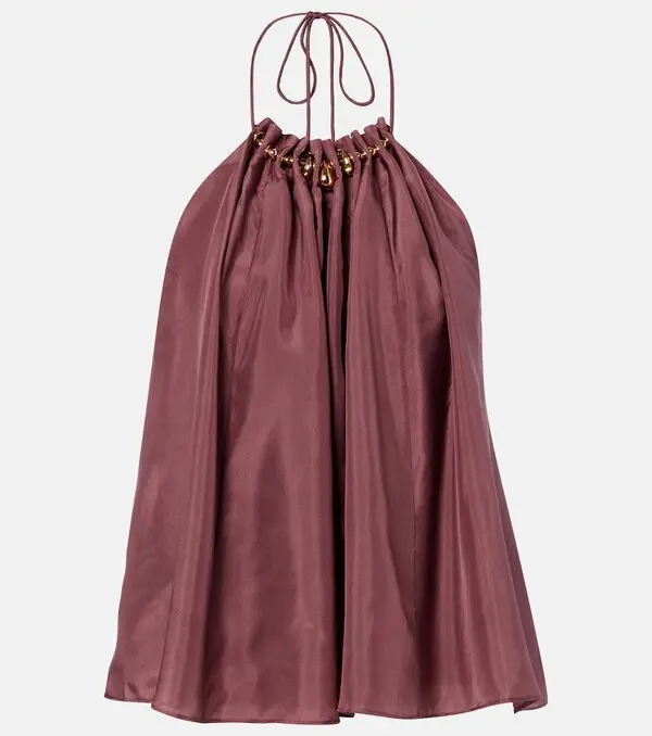 Zimmermann Aster Beaded Halterneck Silk Top - Burgundy