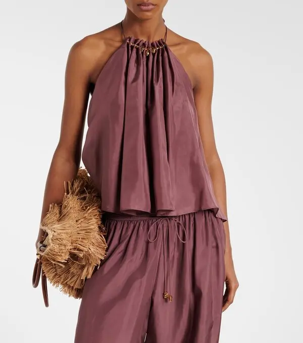 Zimmermann Aster Beaded Halterneck Silk Top - Burgundy