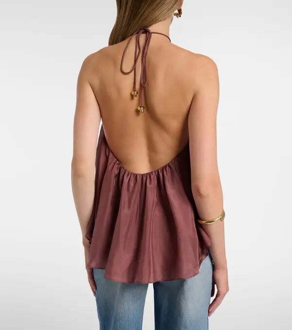 Zimmermann Aster Beaded Halterneck Silk Top - Burgundy