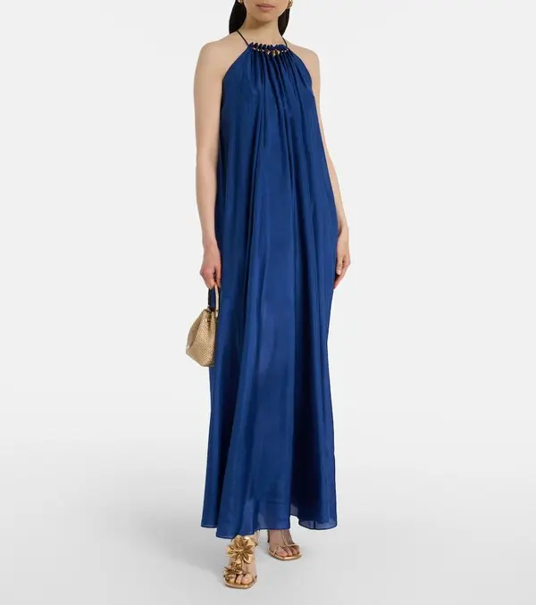 Zimmermann Aster Beaded Halterneck Silk Maxi Dress - Blue