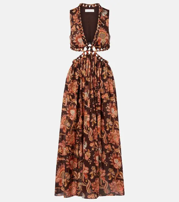 Zimmermann Aster Cutout Floral Cotton Midi Dress - Brown