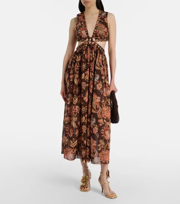 Zimmermann Aster Cutout Floral Cotton Midi Dress - Brown