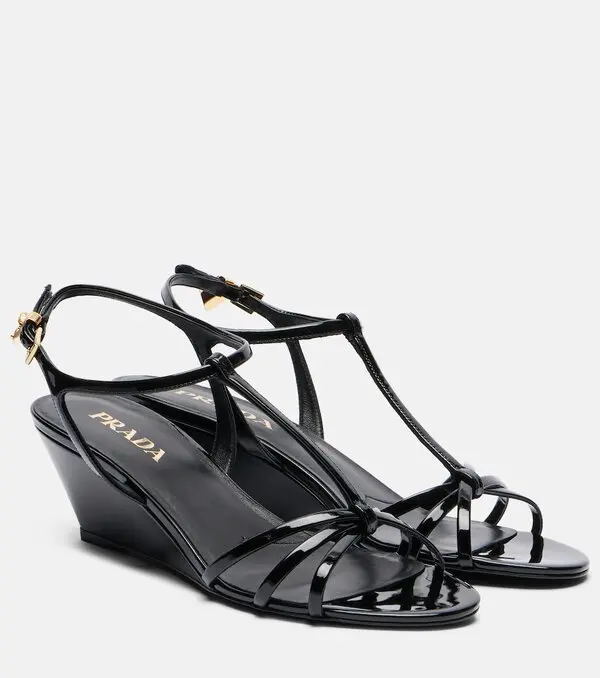 Prada Patent Leather Wedge Sandals - Black