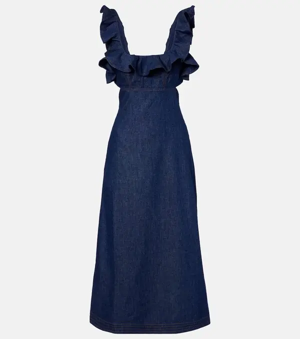 Zimmermann Aster Ruffled Denim Midi Dress - Blue