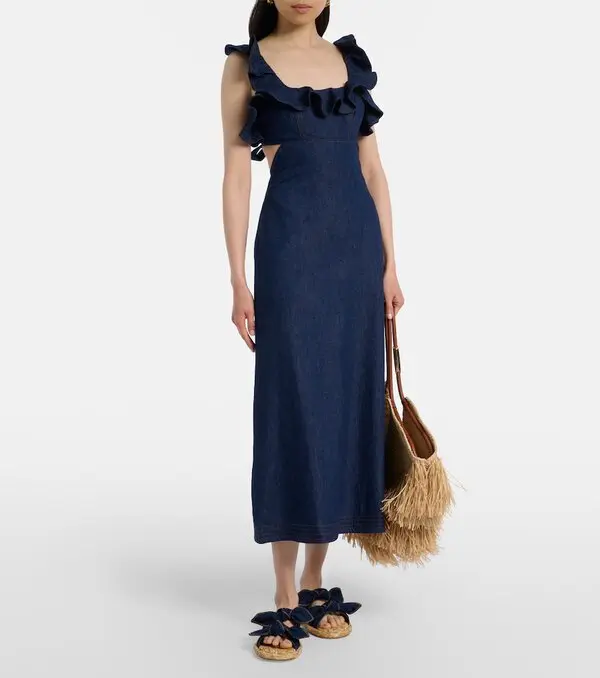 Zimmermann Aster Ruffled Denim Midi Dress