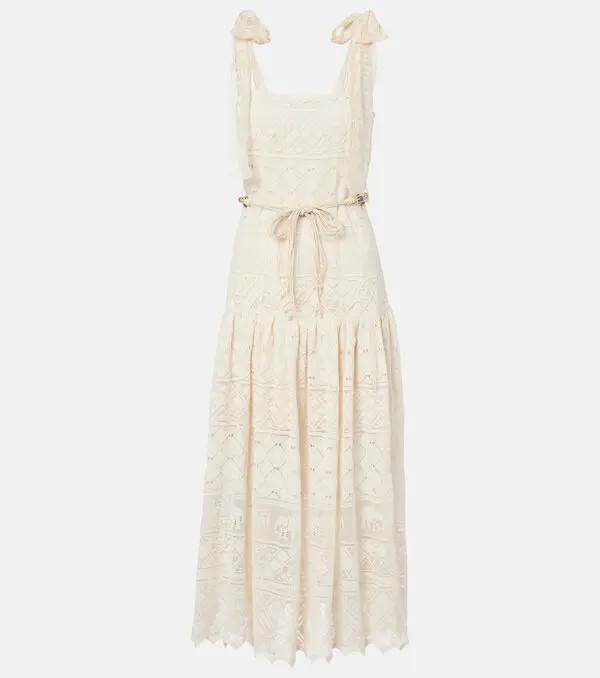 Zimmermann Indra Belted Cotton Lace Midi Dress - White
