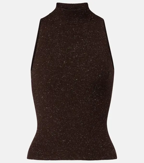 Brunello Cucinelli Ribbed Knit Lamé Mockneck Top - Brown