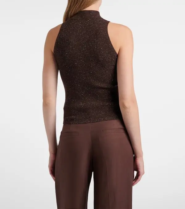 Brunello Cucinelli Ribbed Knit Lamé Mockneck Top - Brown