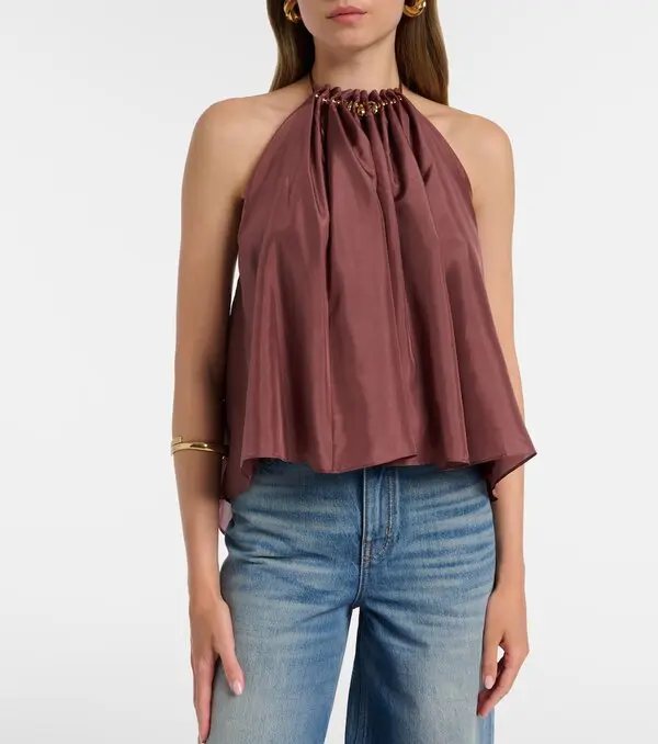 Zimmermann Aster Beaded Halterneck Silk Top - Burgundy