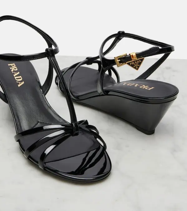 Prada Patent Leather Wedge Sandals - Black