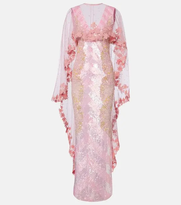 LA FUORI Panorama Embellished Caped Gown - Pink