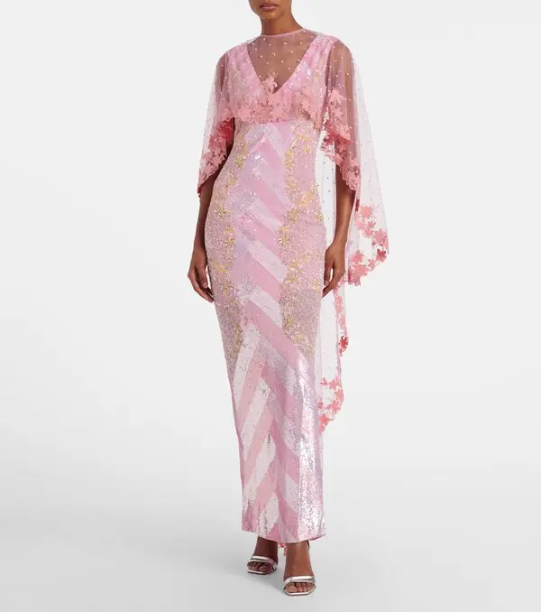 LA FUORI Panorama Embellished Caped Gown