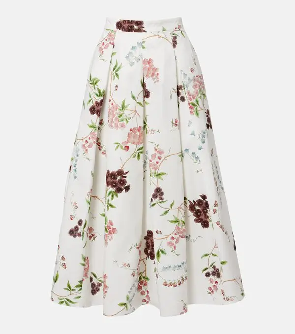Erdem Floral Pleated Cotton Poplin Midi Skirt