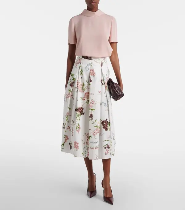 Erdem Floral Pleated Cotton Poplin Midi Skirt