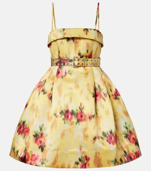 GANNI Pleated Printed Satin Mini Dress - Yellow