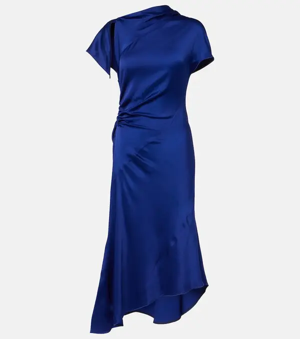 Victoria Beckham Asymmetric Gathered Crepe Satin Midi Dress - Blue