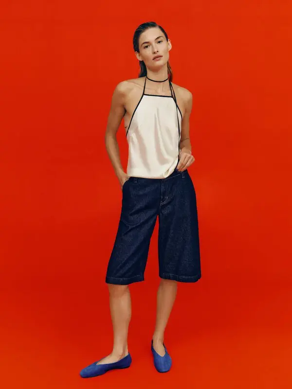 REFORMATION Elio Low Rise 14 In Denim Trouser Shorts - Blue