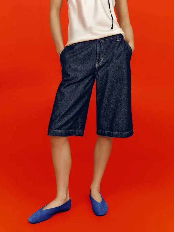 REFORMATION Elio Low Rise 14" Denim Trouser Shorts - Blue