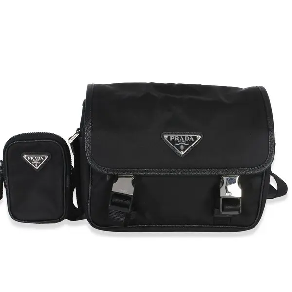 Prada Re-nylon Saffiano Double Buckle Messenger Bag - Black