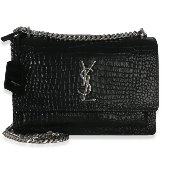 Saint Laurent Croc Embossed Calfskin Monogram Sunset Bag - Black