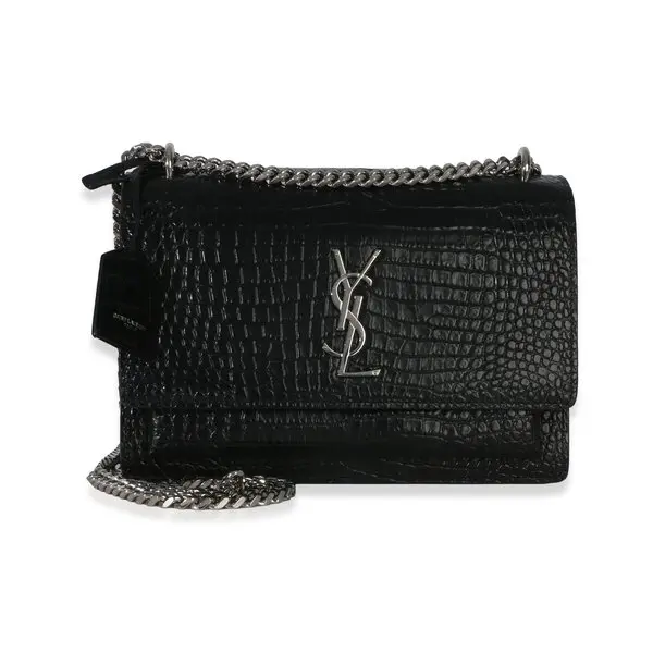 Saint Laurent Croc Embossed Calfskin Monogram Sunset Bag - Black