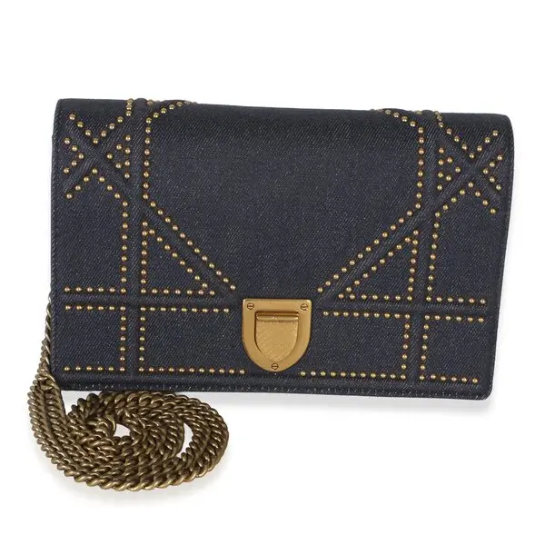 Dior Denim Studded Diorama Wallet On Chain - Blue