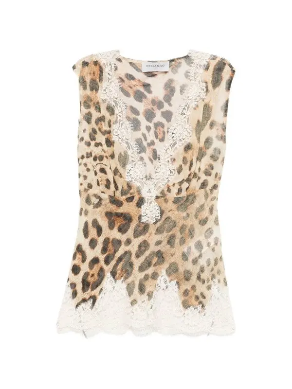 Ermanno Scervino Lace Trimmed Leopard Print Tank Top - Multi