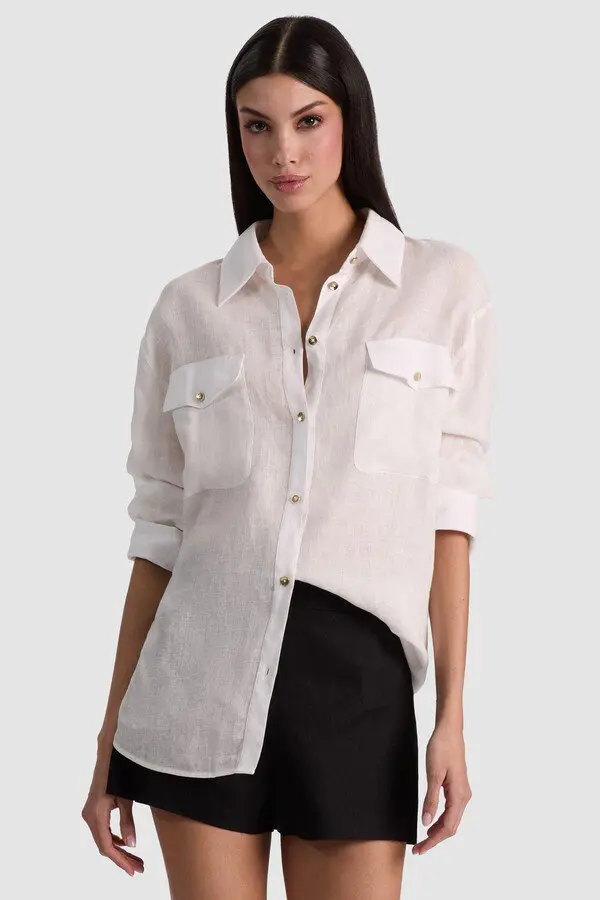 Alice + Olivia Finely Oversized Linen Button Down - White