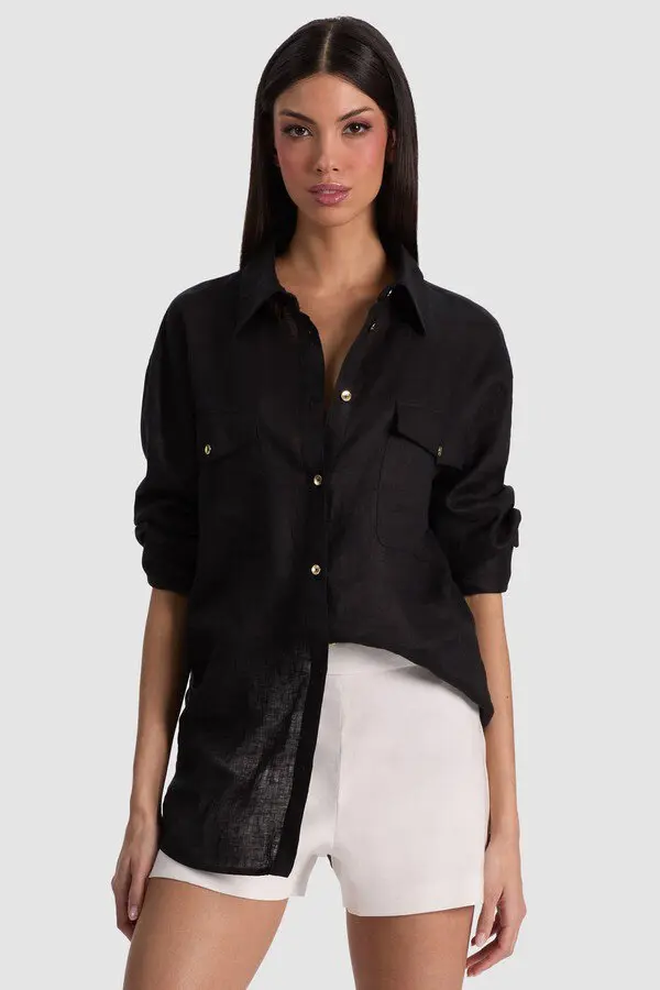 Alice + Olivia Finely Oversized Linen Button Down - Black
