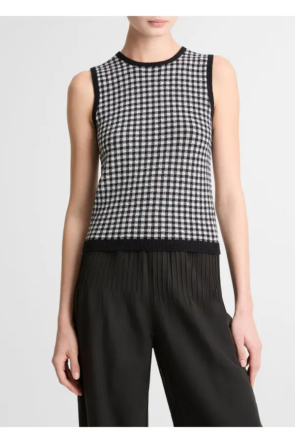 Vince Gingham Italian Wool And Cotton-blend Shell