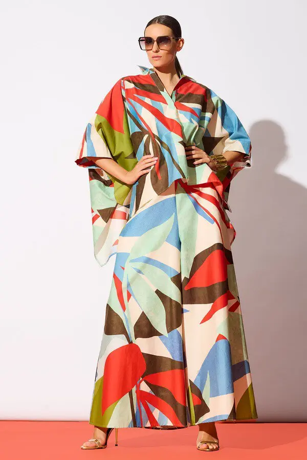 Natori Abstract Palm Cotton Poplin Oversized Caftan Top - Stripe